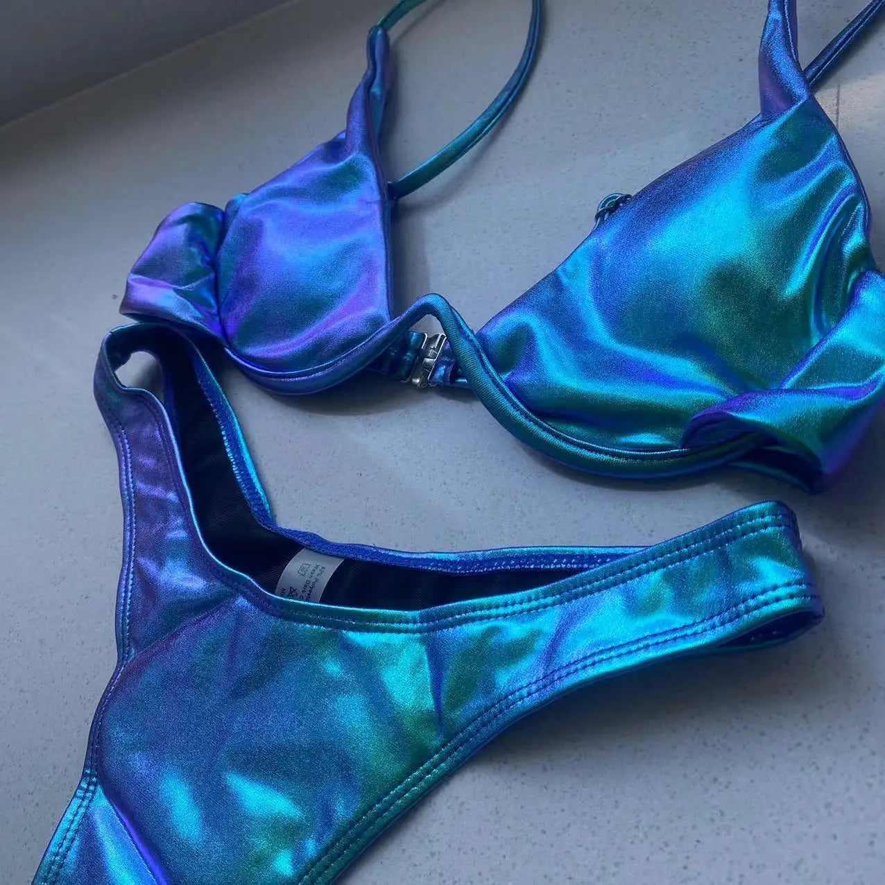 Triangle Bikini holographic Blue Push Up Extreme Thong Swimwear Brazil ...